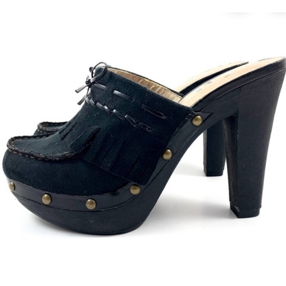 lei | Shoes | Vintage Lei 9s Platform High Heel Clogs Faux Suede Fringe ...